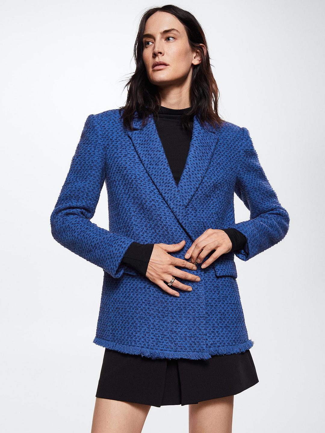 Buy MANGO Women Blue Textured Double Breasted Sustainable Blazer ...