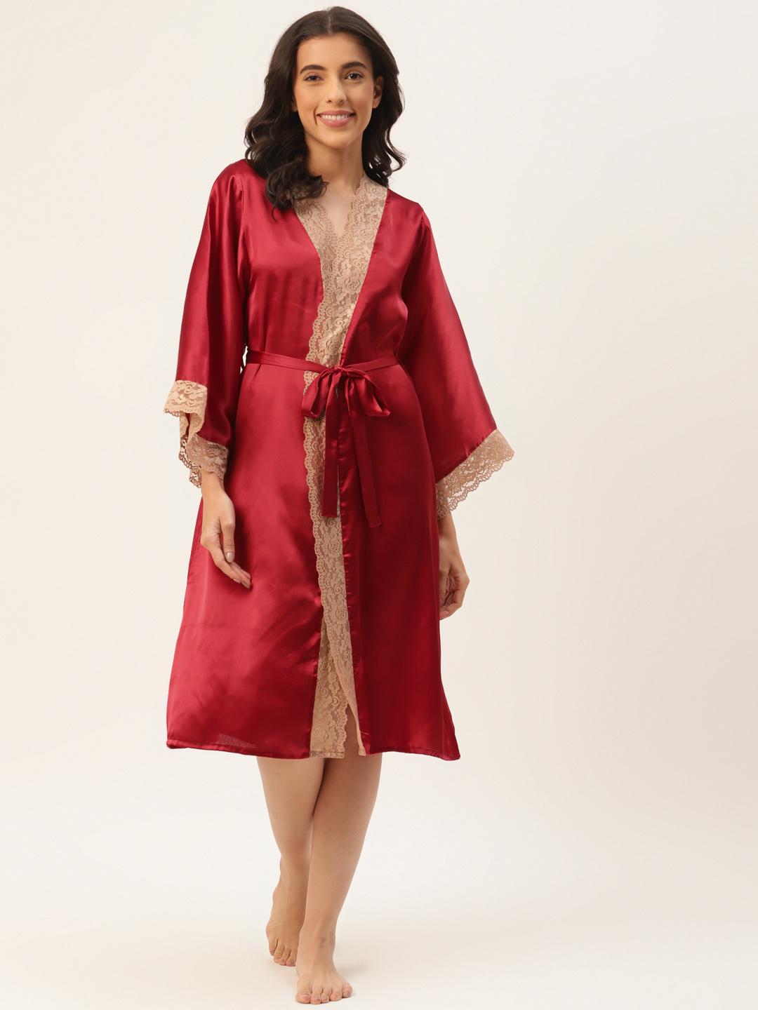 Buy Ms.Lingies Women Solid Satin Maxi Robe With Lace Detail - Robe for ...