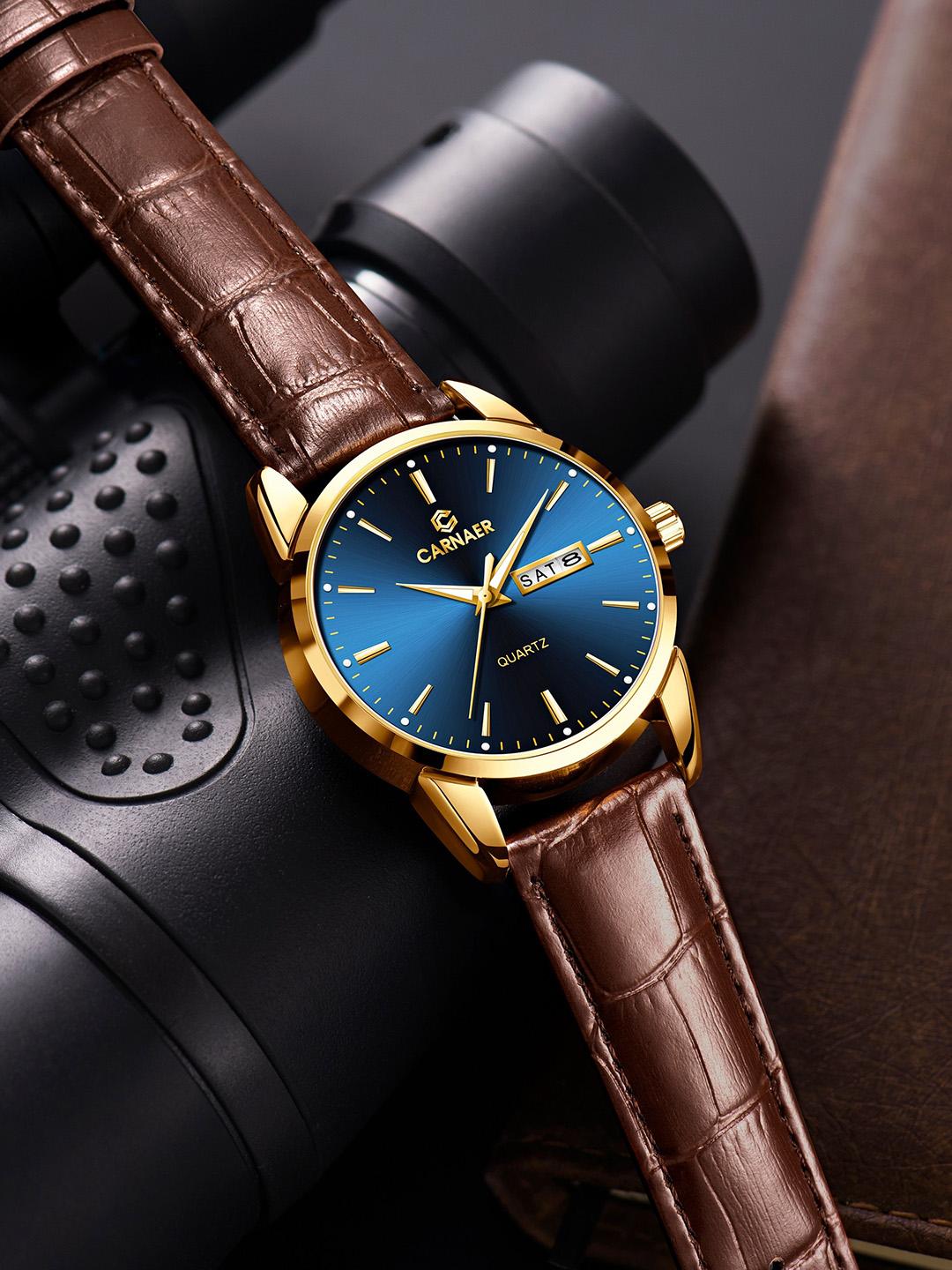 Buy Carnaer Men Blue Dial & Brown Leather Textured Straps Analogue ...