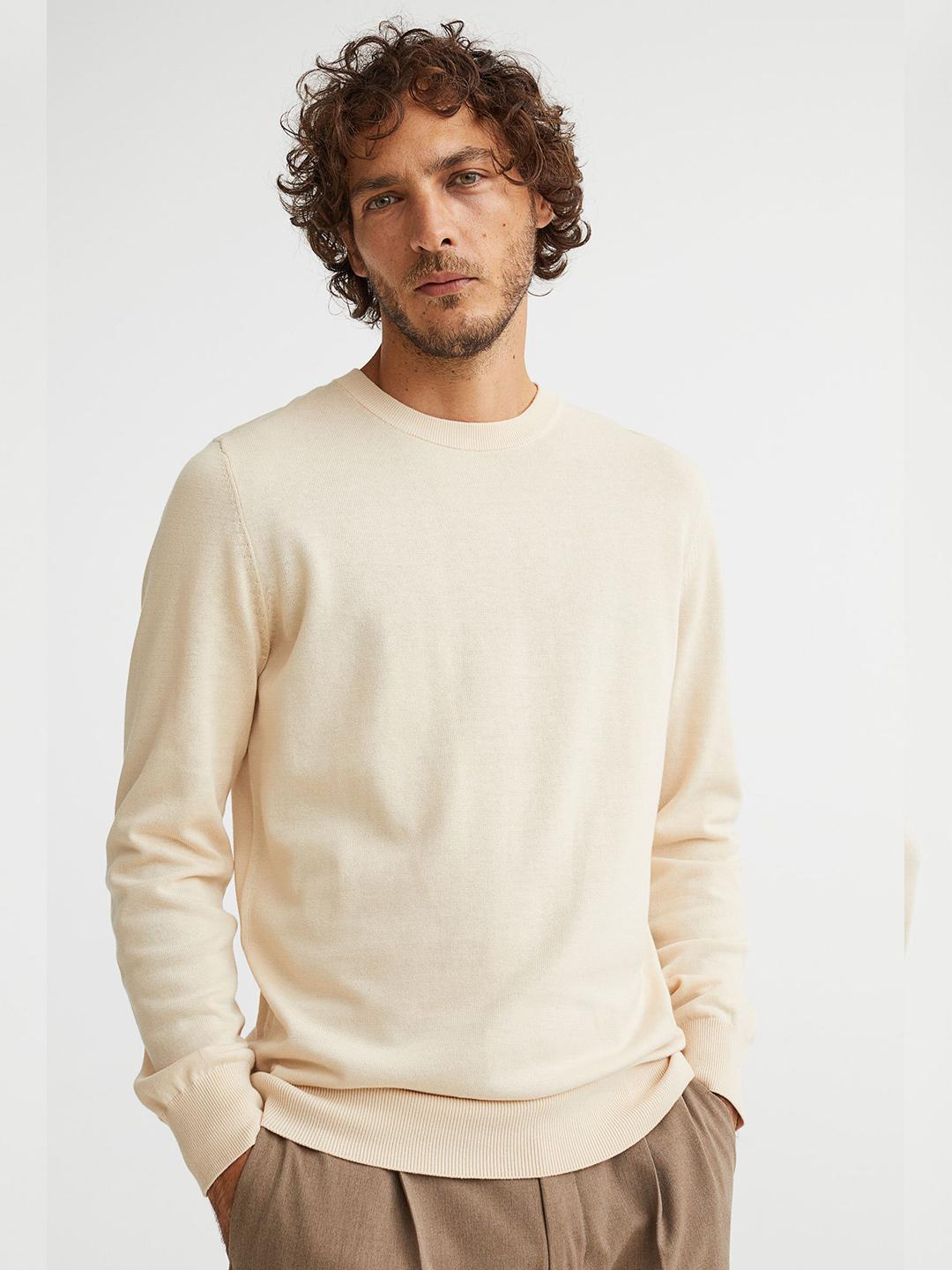 Buy H&M Men Beige Slim Fit Fine Knit Cotton Jumper - Sweaters for Men ...