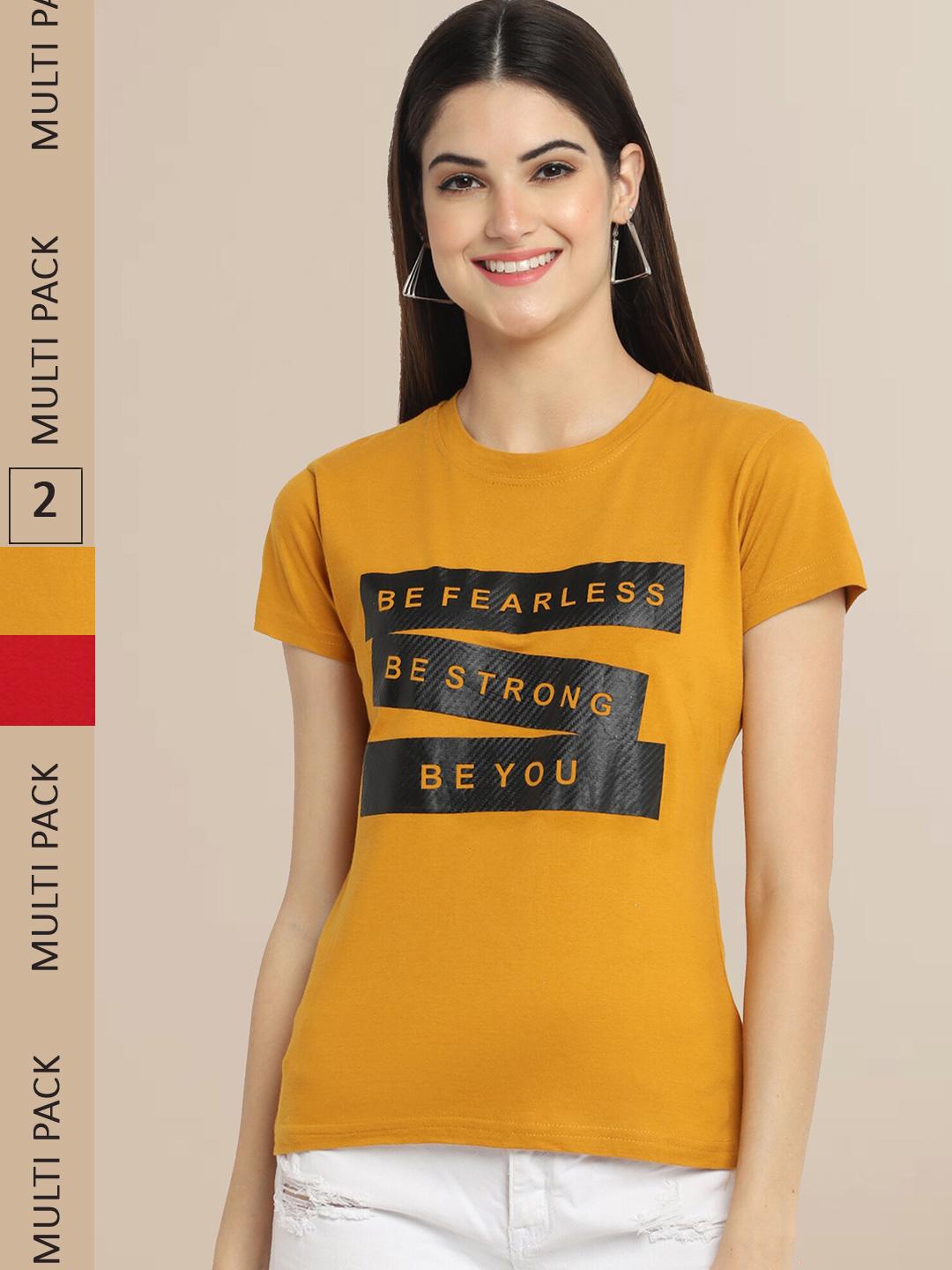 Buy Fabflee Women Mustard Yellow & Red Pack Of 2 Printed Cotton T ...