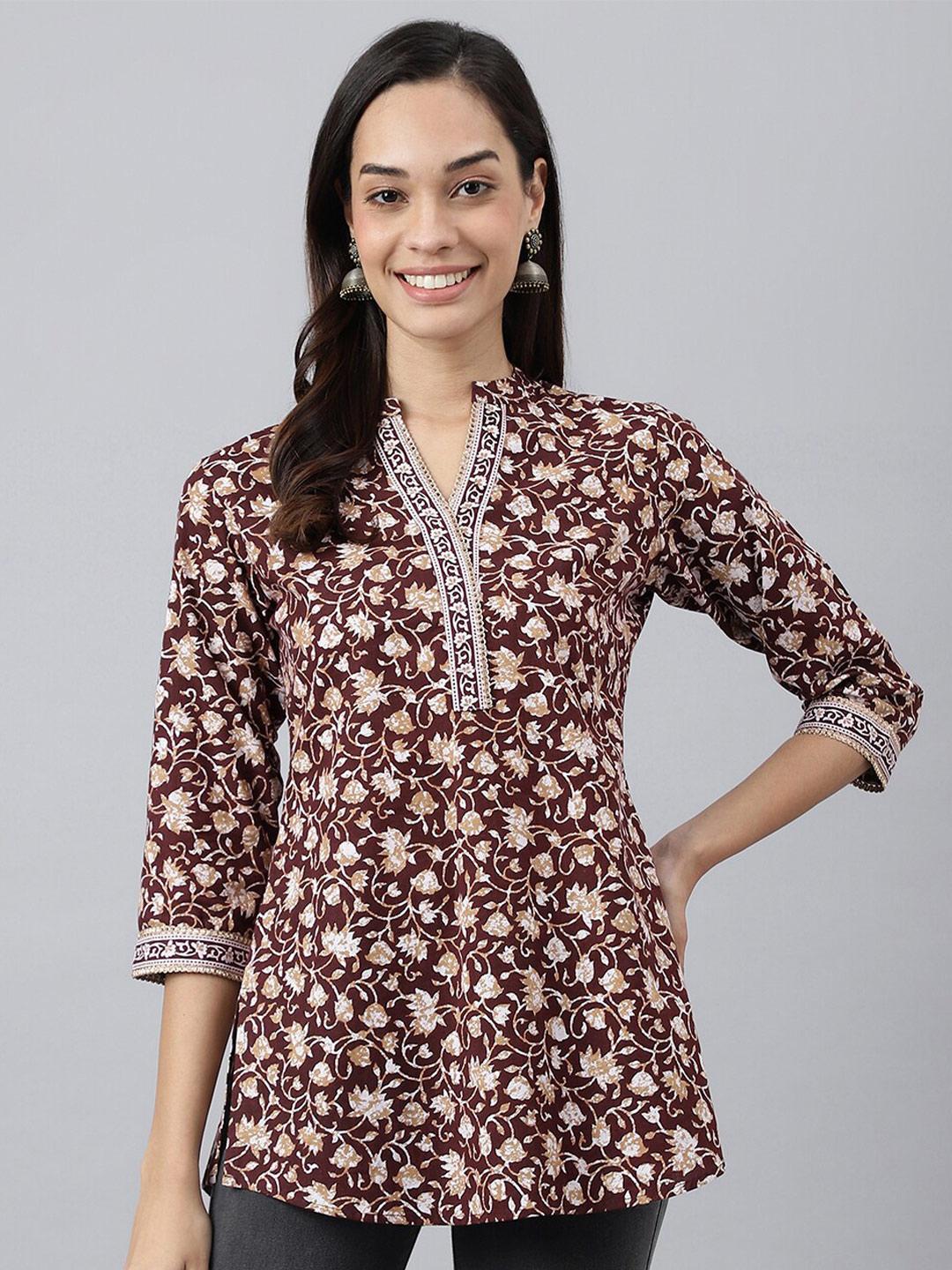 Buy MEESAN Brown & White Mandarin Collar Printed Cotton Tunic - Tunics ...