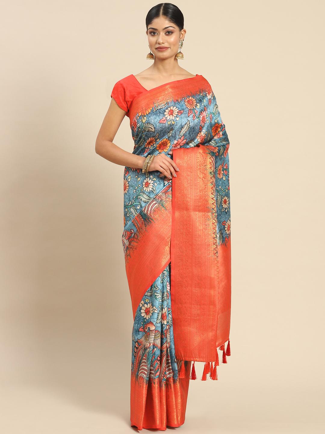 Buy Silk Land Kalamkari Kanjeewaram Art Silk Zari Woven Digital Print ...