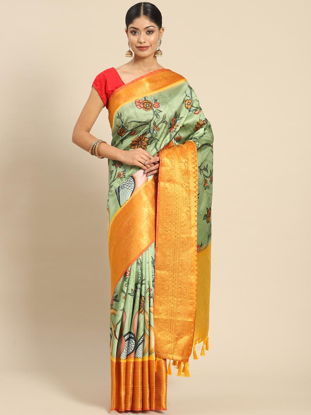 Buy Silk Land Kalamkari Kanjeewaram Art Silk Zari Woven Digital Print ...