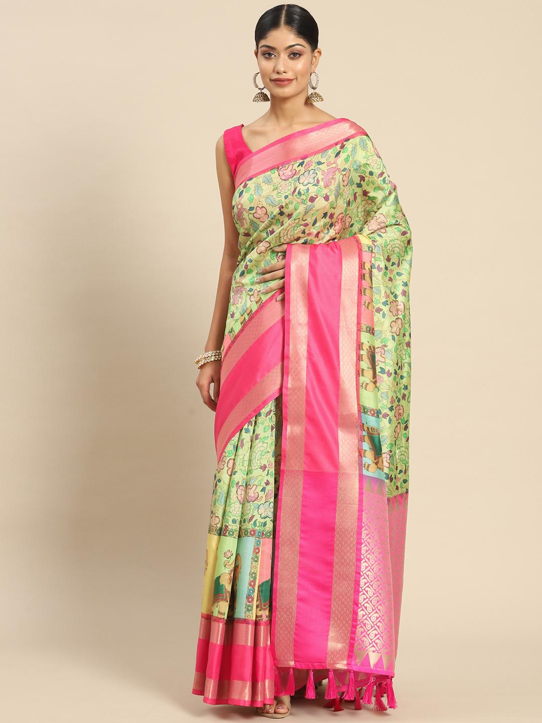 Buy Silk Land Kalamkari Kanjeewaram Art Silk Zari Woven Digital Print ...