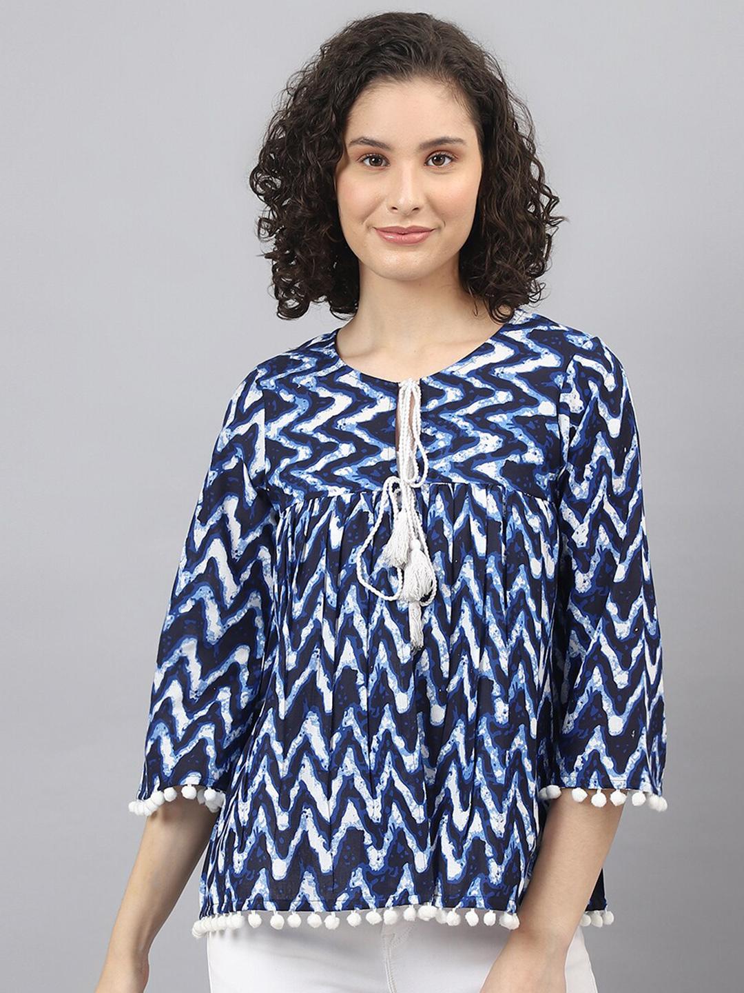 Buy DEEBACO Navy Blue & White Pure Cotton Geometric Print Top - Tops ...