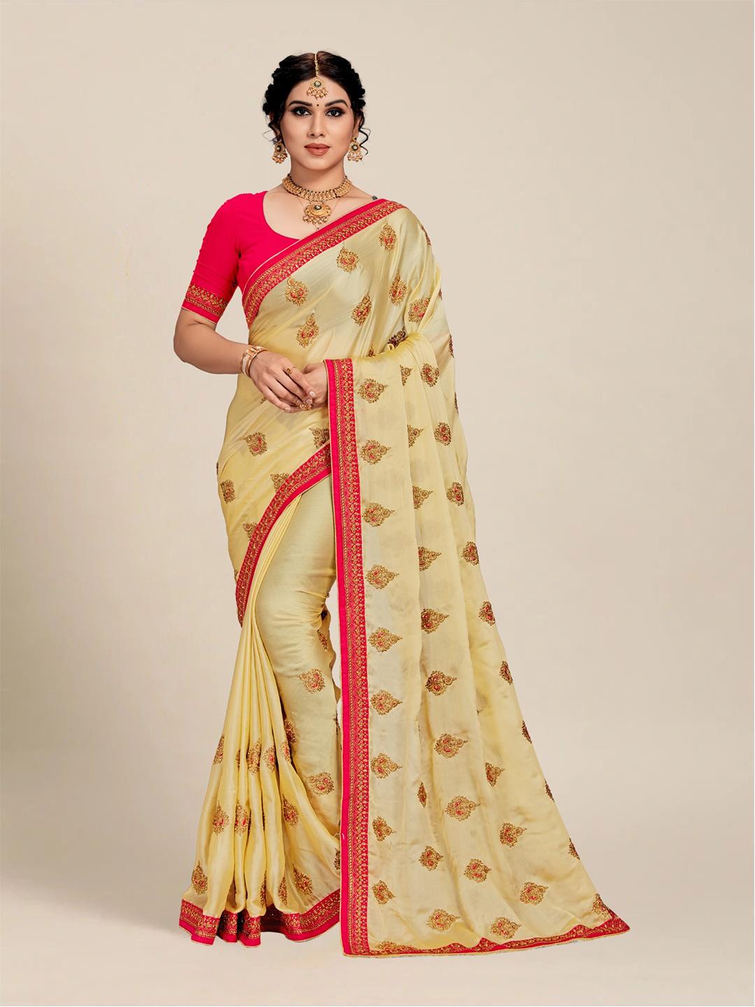 Buy MS RETAIL Cream Coloured & Red Floral Embroidered Saree - Sarees ...