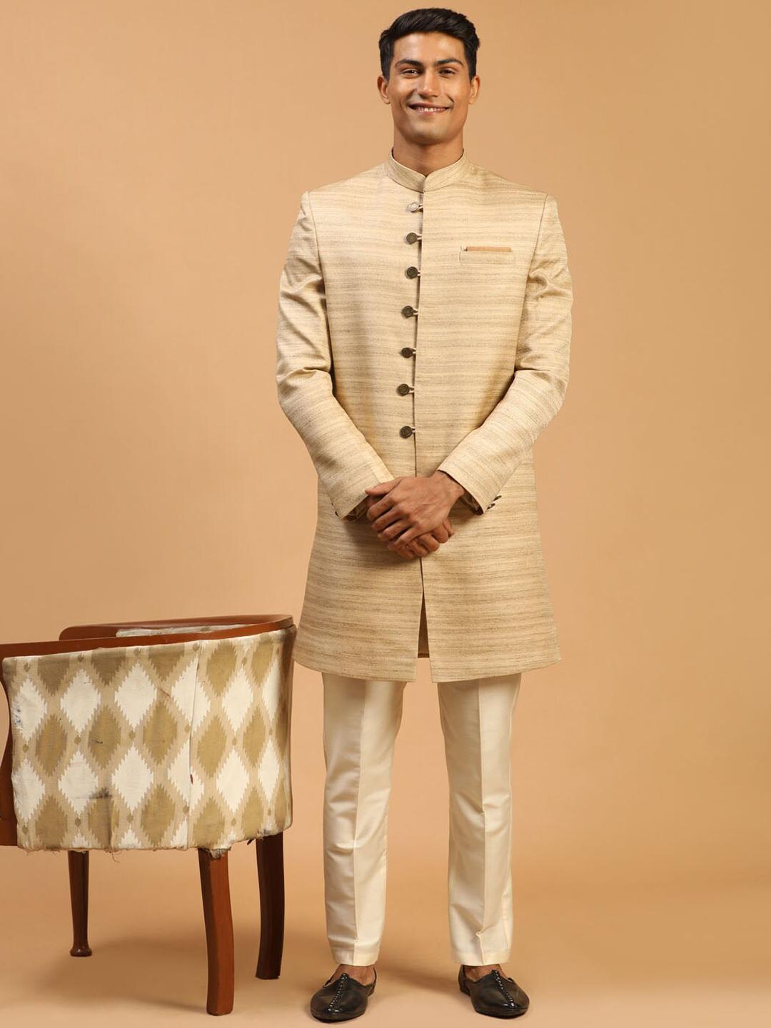 Buy VASTRAMAY Men Beige & Cream Colored Textured Sherwani Set ...