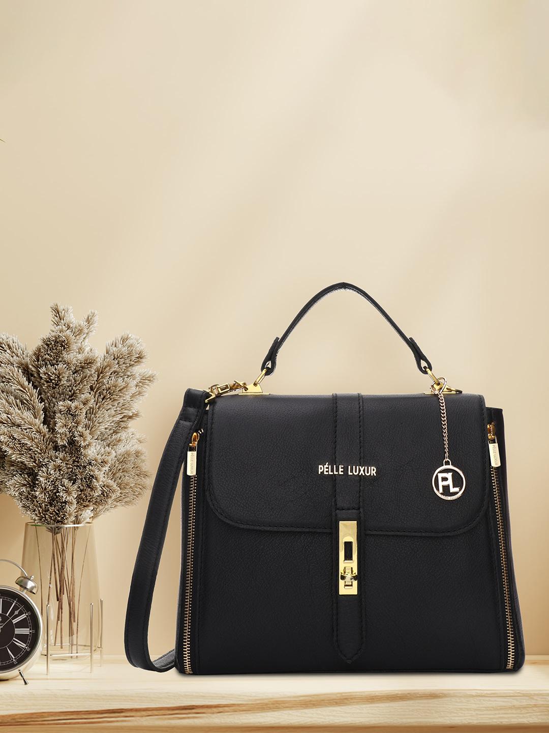 Buy PELLE LUXUR Women Black Textured Leather Structured Shoulder Bag ...