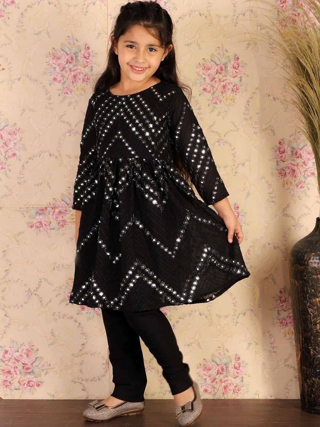 Buy VASTRAMAY Girls Black Embroidered Mirror Work Kurta With Churidar ...