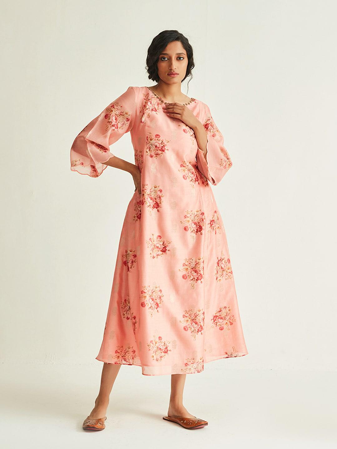 Buy Ancestry Pink & Brown Floral A Line Midi Dress - Dresses for Women ...