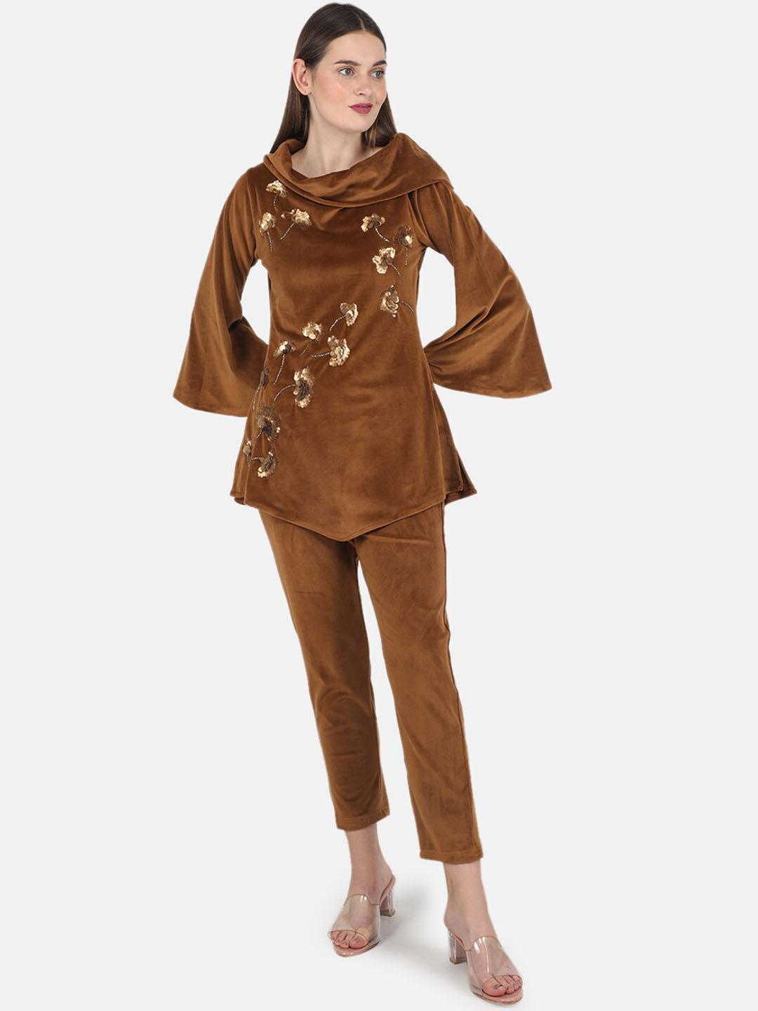 Buy Monte Carlo Tan Pure Cotton Women Embellished Tunic With Trousers ...