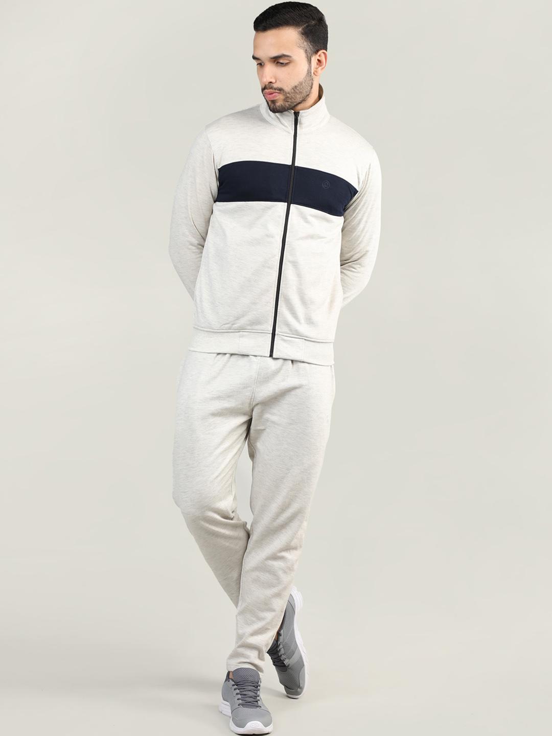 Buy CHKOKKO Men Cream Colored & Navy Blue Winter Fleece Tracksuit ...