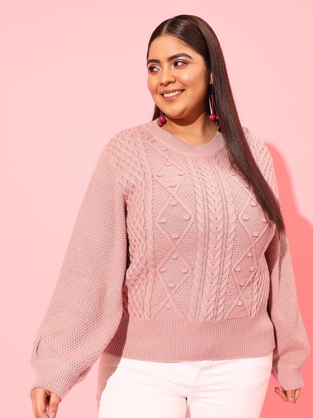 Buy CURVY STREET Plus Size Women Pink Cable Knit Acrylic Pullover ...