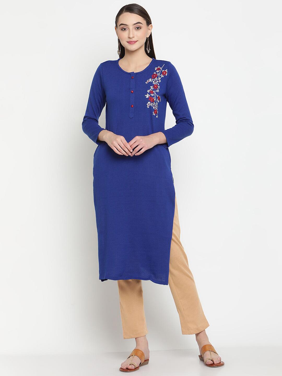 Buy Be Indi Women Round Neck Floral Straight Side Slits Regular Kurta ...