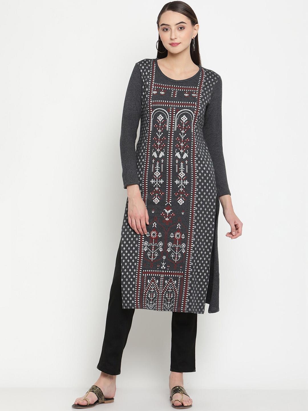Buy Be Indi Women Round Neck Ethnic Motifs Straight Side Slits Regular ...