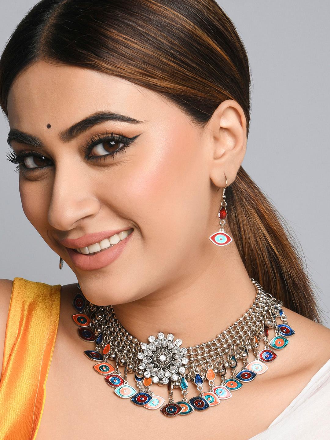 Buy Fida Silver Plated Meenakari Evil Eye Jewellery Set - Jewellery Set ...