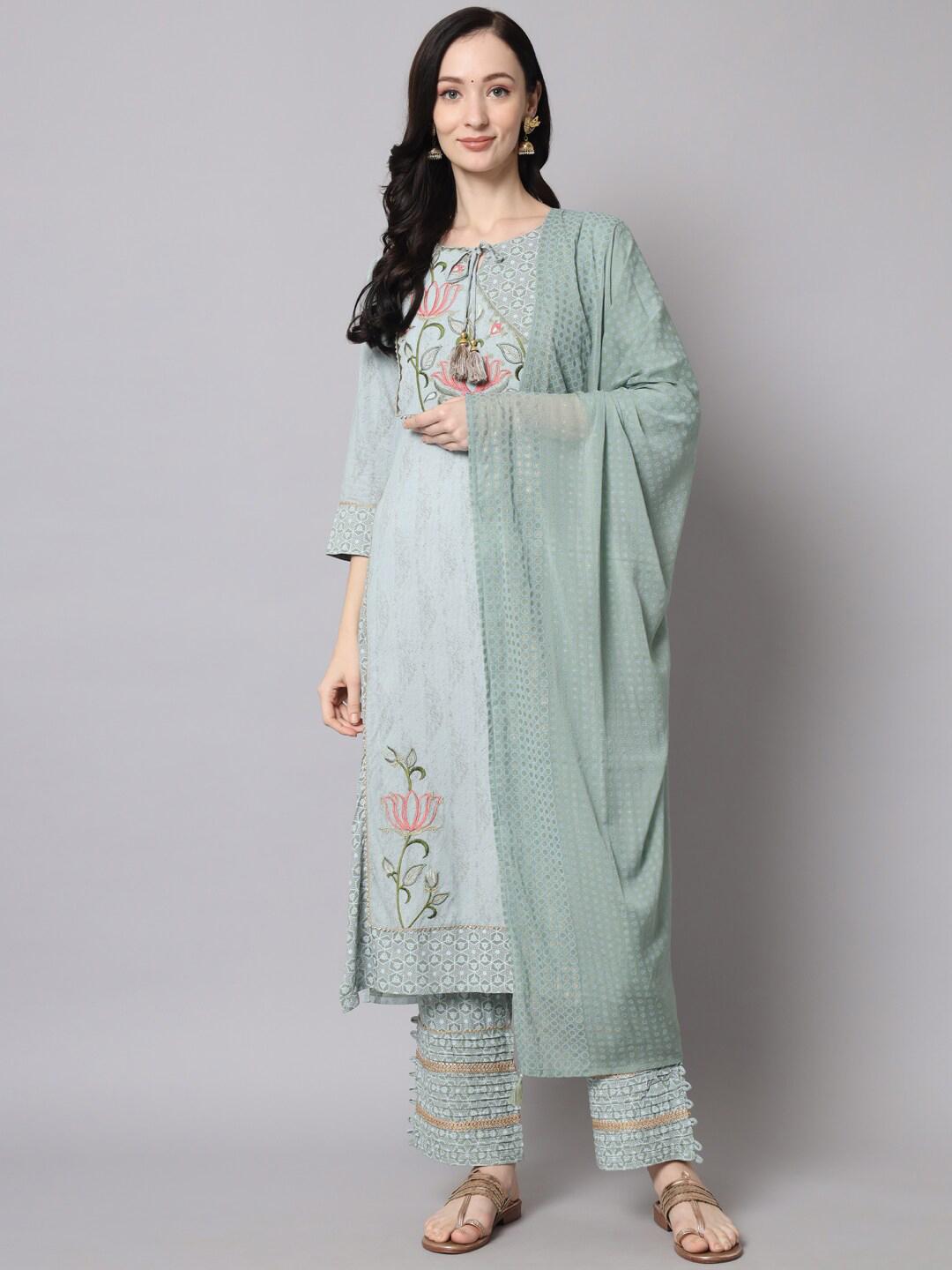 Buy Nehamta Embroidered Straight Kurta With Trousers & With Dupatta ...