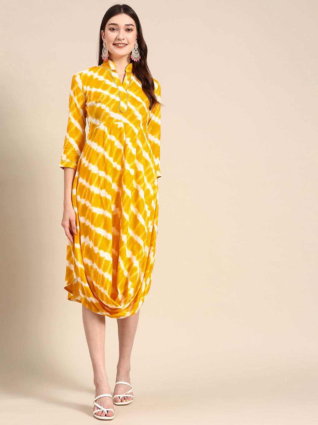 Buy MABISH By Sonal Jain Mandarin Collar Leheriya Front Cowl Midi ...