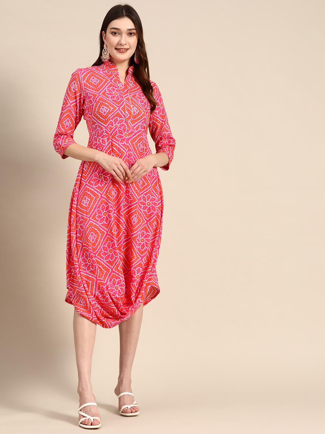 Buy MABISH By Sonal Jain Mandarin Collar Leheriya Front Cowl Midi ...