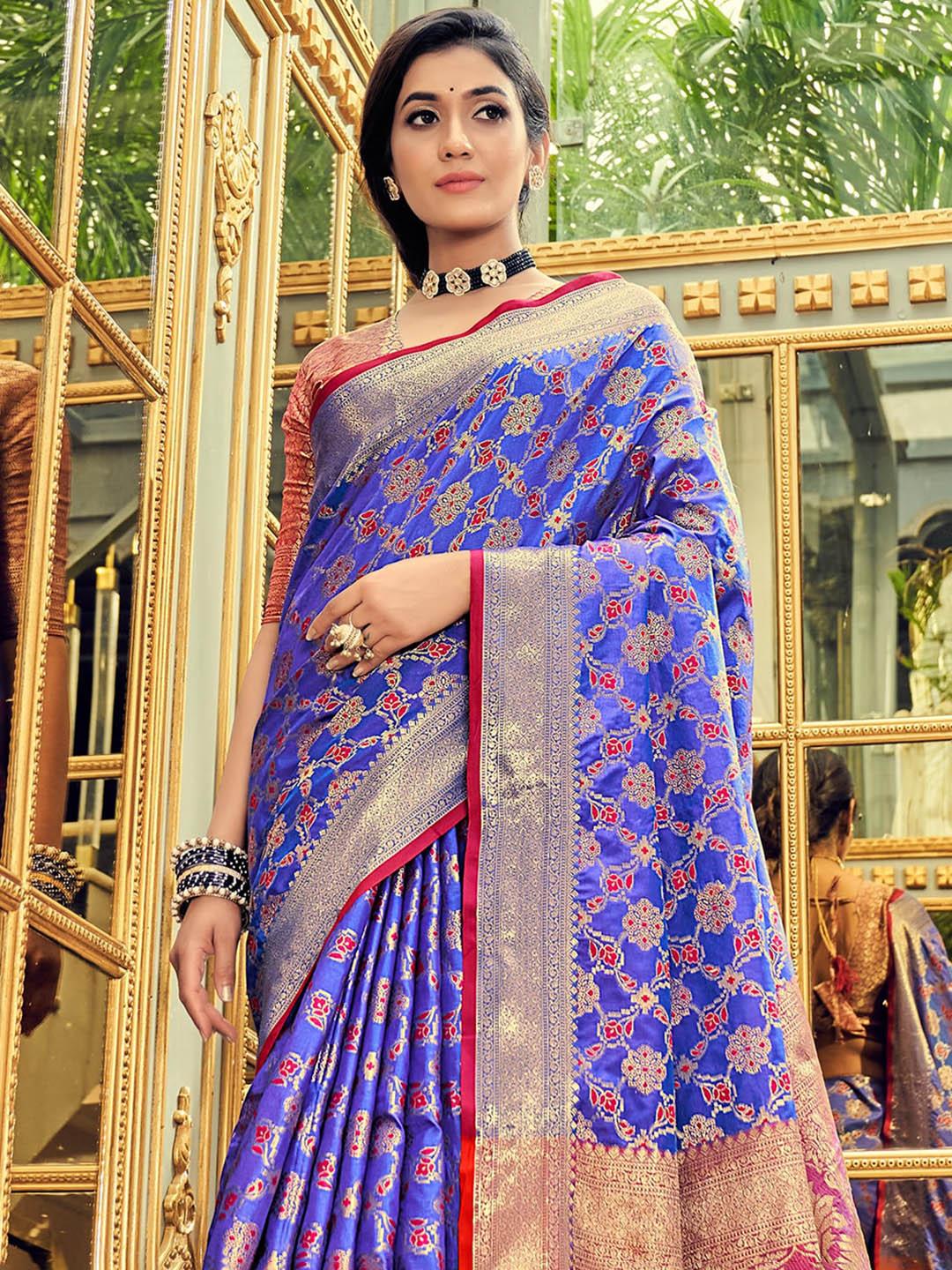 Buy KARAGIRI Blue & Gold Toned Ethnic Motifs Zari Silk Blend Banarasi ...