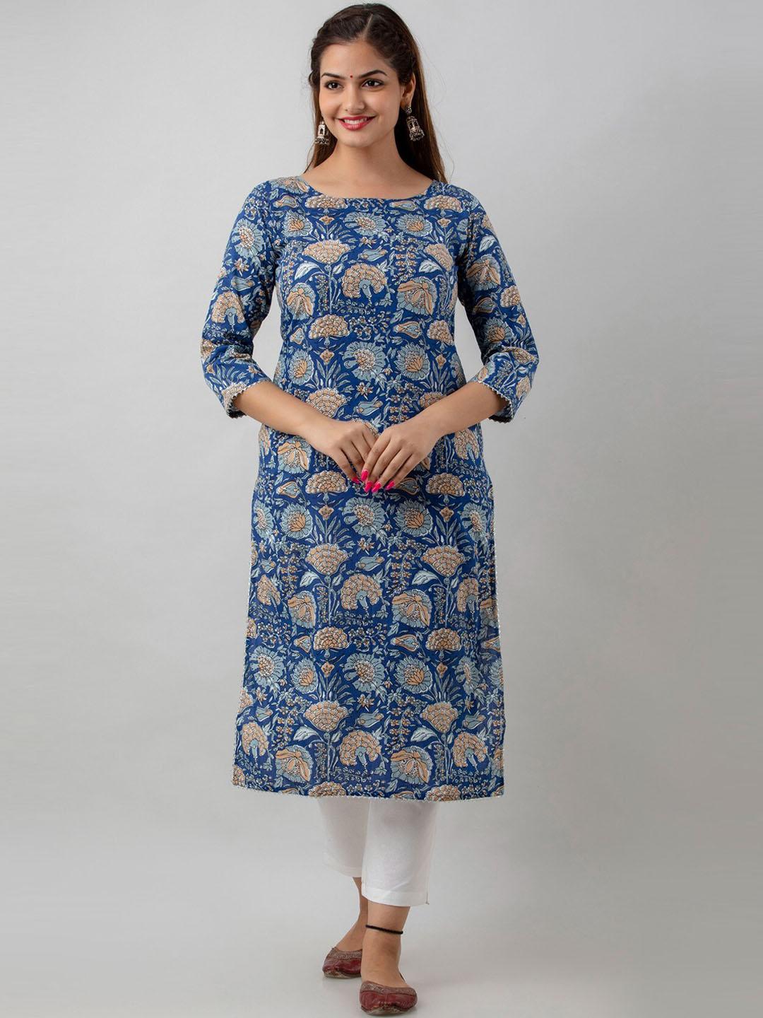 Buy Women Touch Women Blue Cotton Floral Printed Handloom Kurta ...