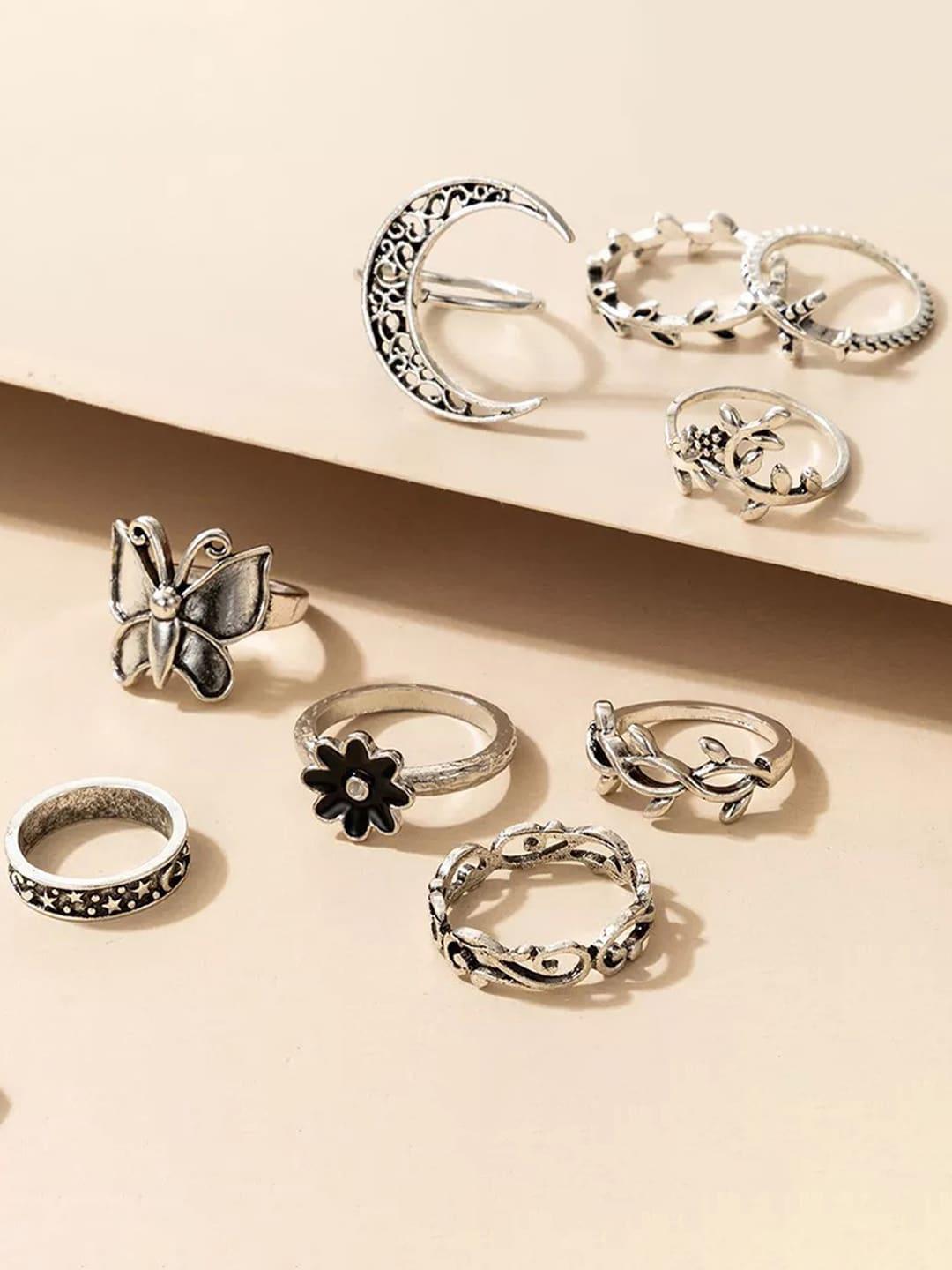 Buy Jewels Galaxy Set Of 8 Silver Plated Contemporary Stackable Finger ...