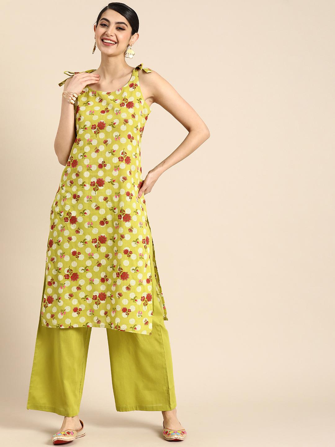 Buy Anouk Women Shoulder Straps Floral Printed Cotton Kurta With ...