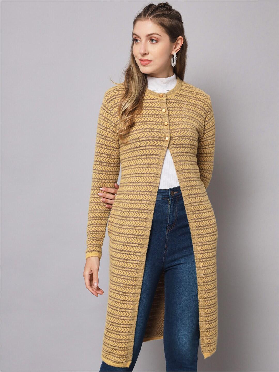 Buy BROOWL Women Yellow & Brown Wool Striped Longline Cardigan ...