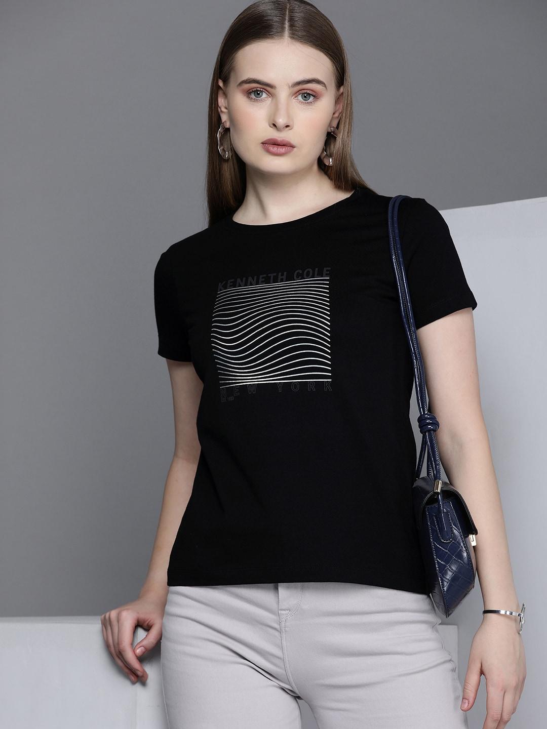 Buy Kenneth Cole Signature Tee Women Black Pure Cotton Printed Slim Fit ...