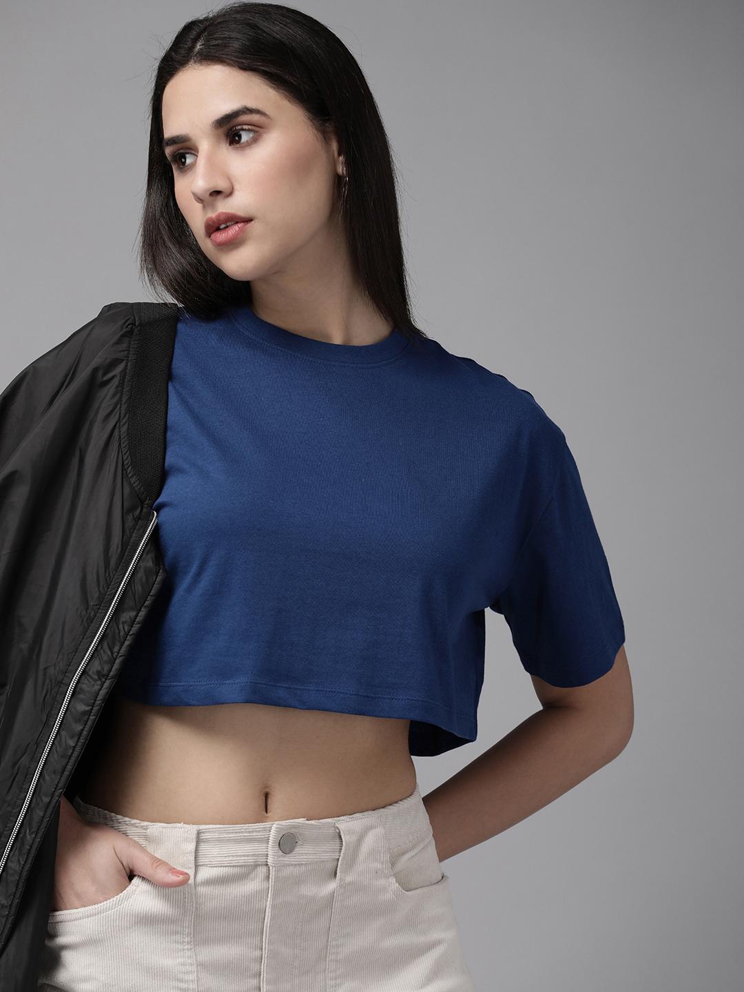 Buy Roadster Women Solid Drop Shoulder Sleeves Boxy Crop T Shirt ...