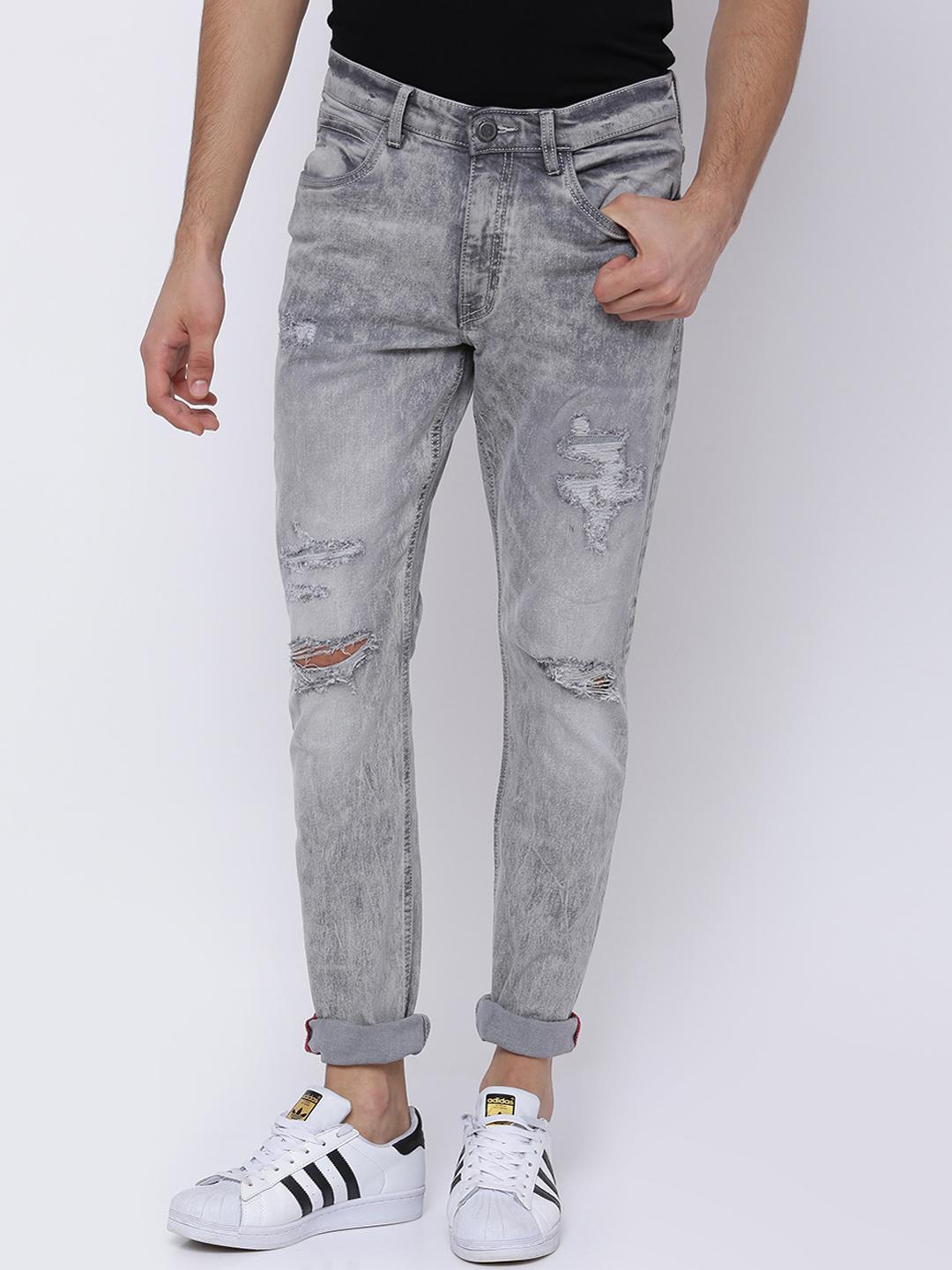 Buy LOCOMOTIVE Men Grey Skinny Fit Mid Rise Slash Knee Stretchable ...