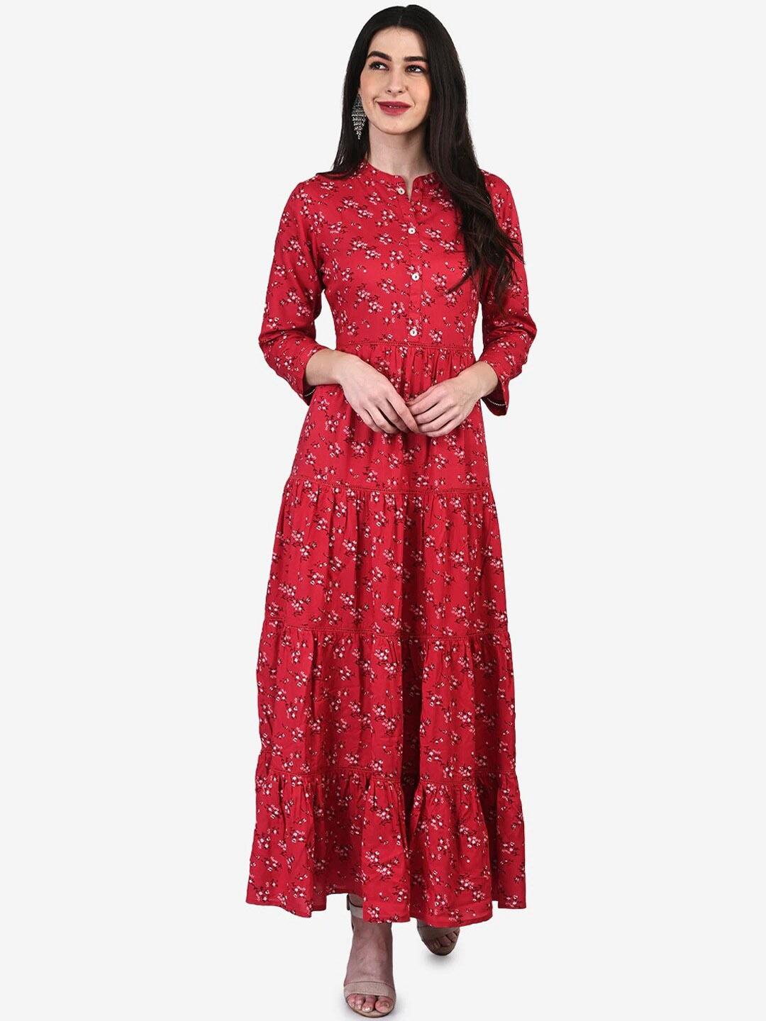 Buy Be Indi Rayon Floral Printed Mandarin Collar Tiered Maxi Dress ...