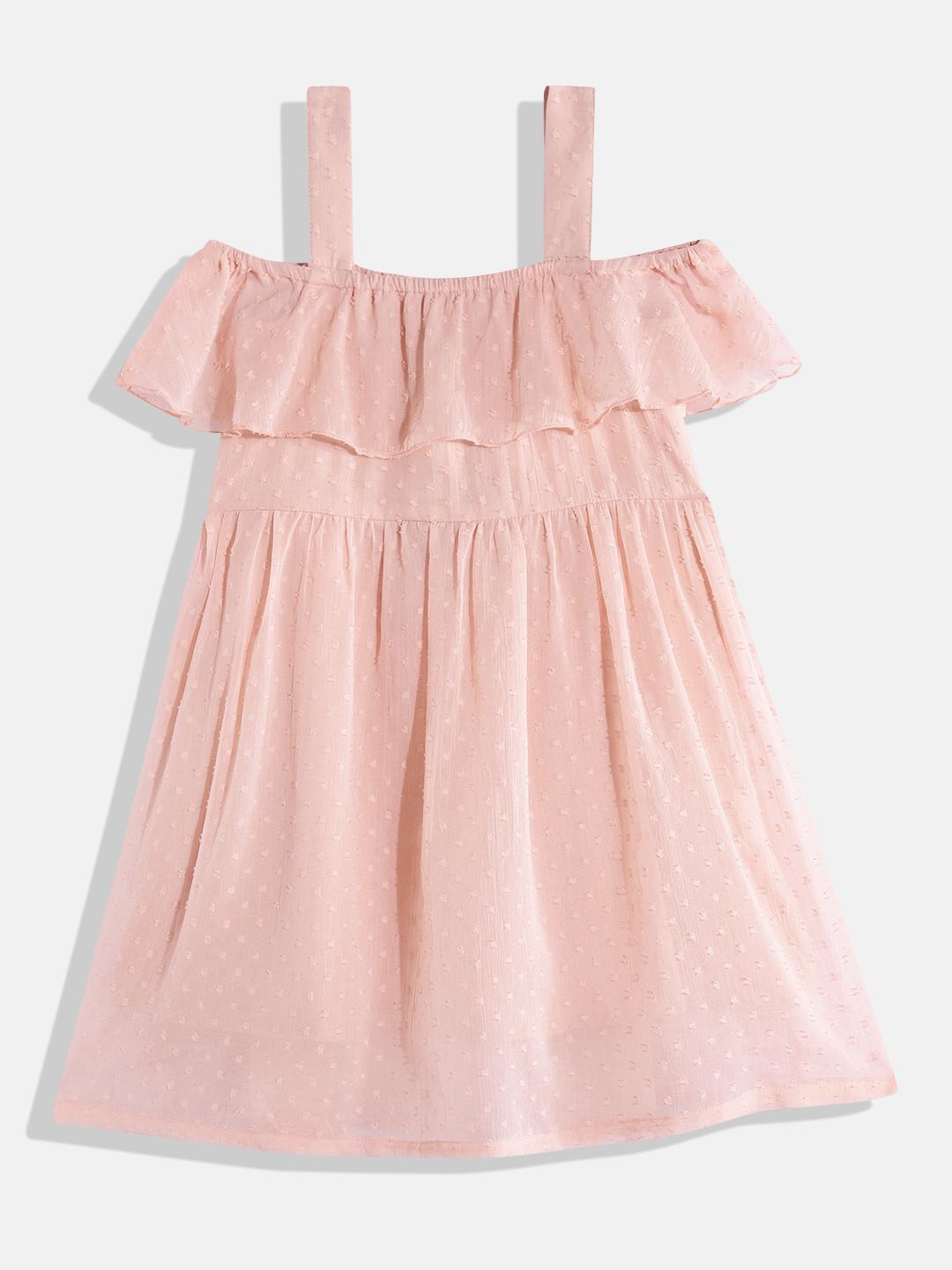 Buy HERE&NOW Girls Dobby Weave Off Shoulder Ruffled Fit & Flare Dress ...