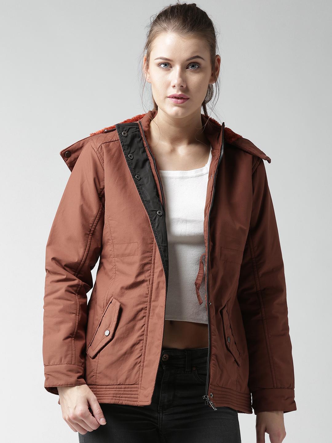 Buy Okane Women Rust Brown Solid Tailored Jacket With Detachable Hood ...
