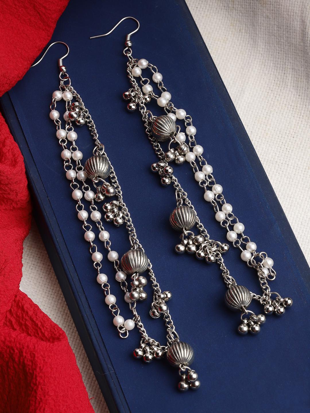 Buy PANASH Oxidised Silver Plated Pearl Ear Chain - Earrings for Women ...