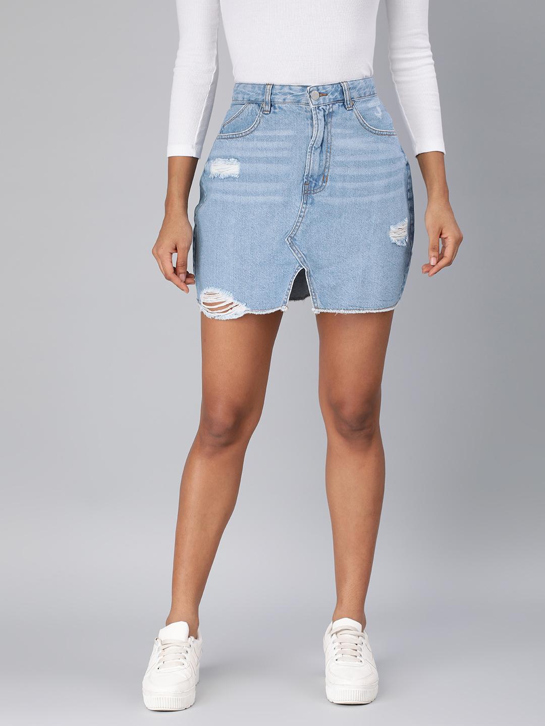 Buy London Rag Washed Pure Cotton Distressed Straight Denim Mini Skirt ...