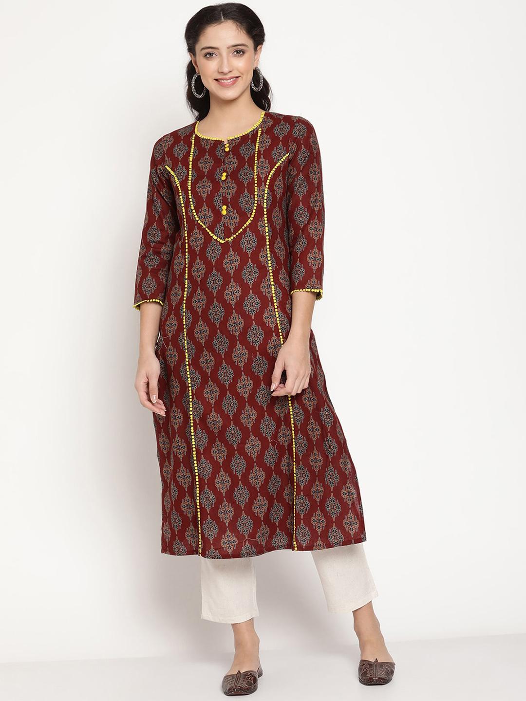 Buy Be Indi Women Round Neck Ethnic Motifs A Line Side Slits Regular ...
