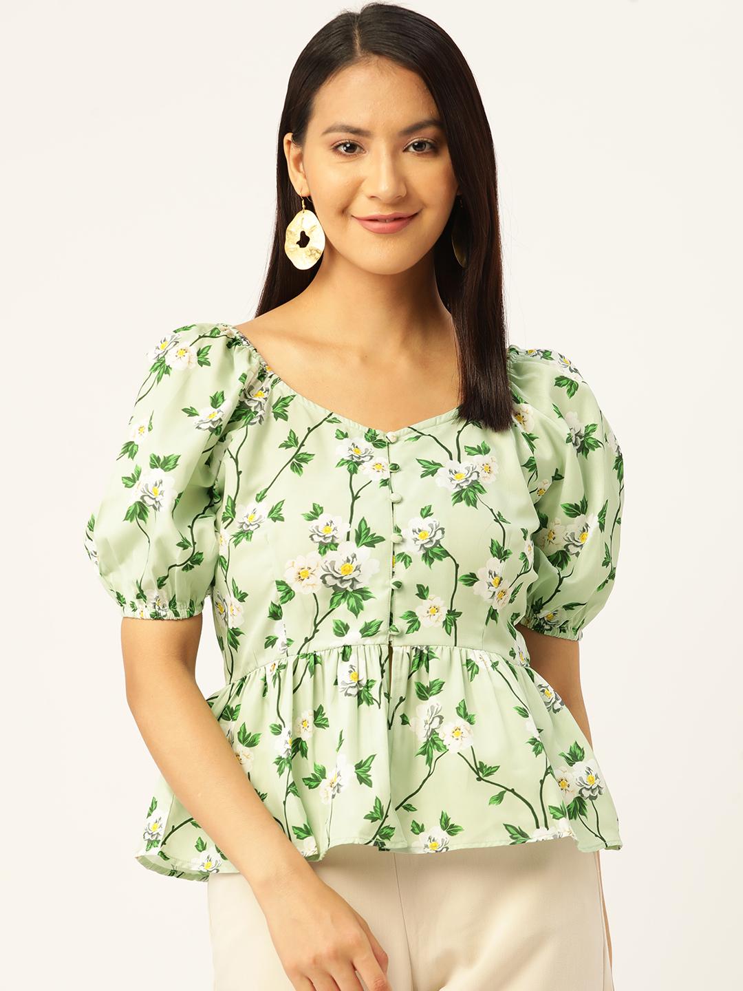 Buy Slenor Floral Print Sweetheart Neck Puff Sleeves Georgette Peplum ...