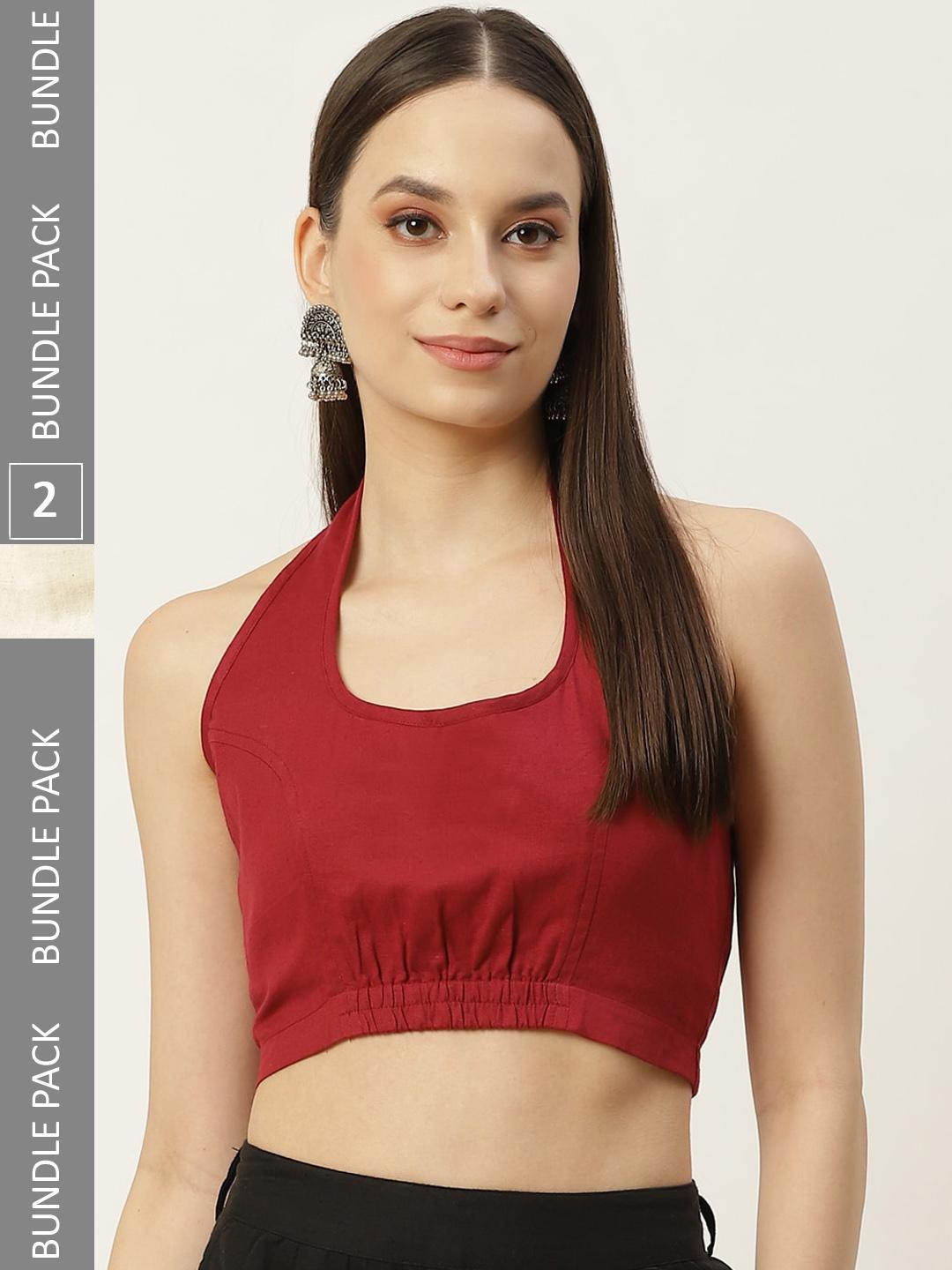 Buy Molcha Pack Of 2 Back Open Halter Neck Cotton Saree Blouse - Saree ...