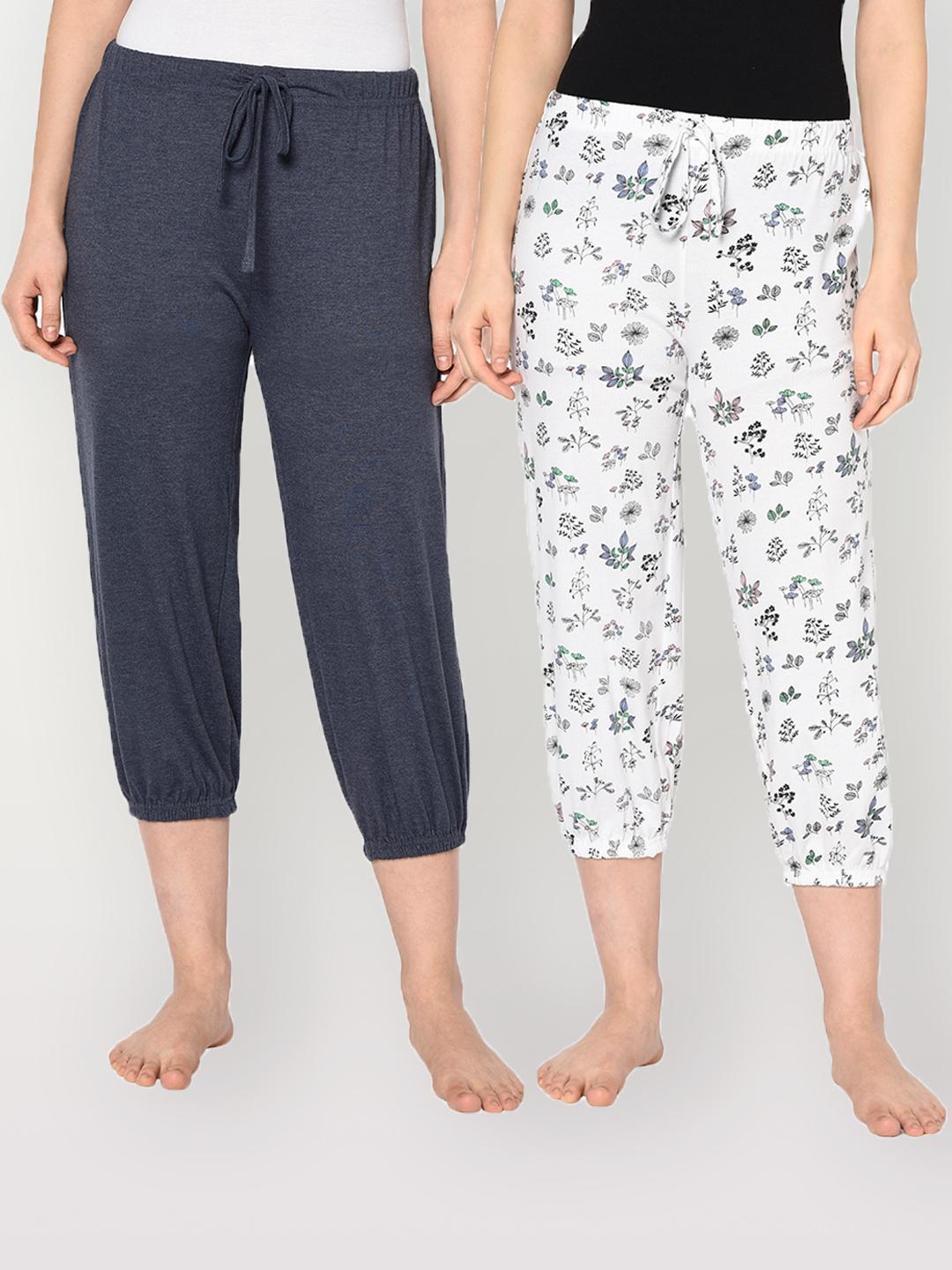 Buy SHARKTRIBE Women Pack Of 2 Cotton Lounge Capris - Lounge Pants for ...