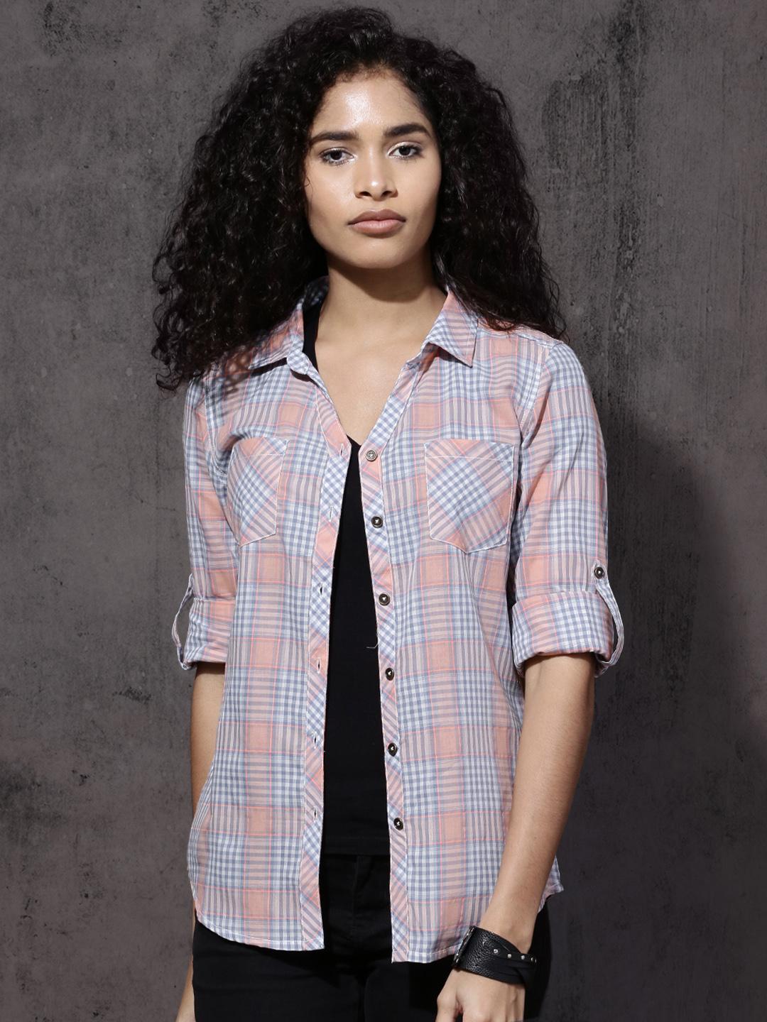 Buy Roadster Women Peach & Grey Slim Fit Checked Casual Shirt - Shirts ...
