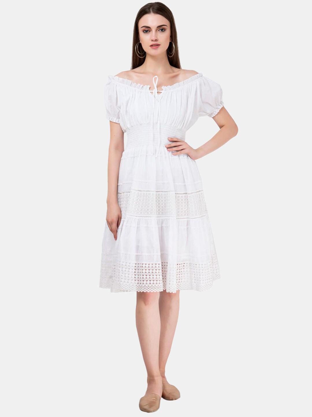 Buy SAAKAA Off Shoulder Self Design Pure Cotton Fit And Flare Dress ...