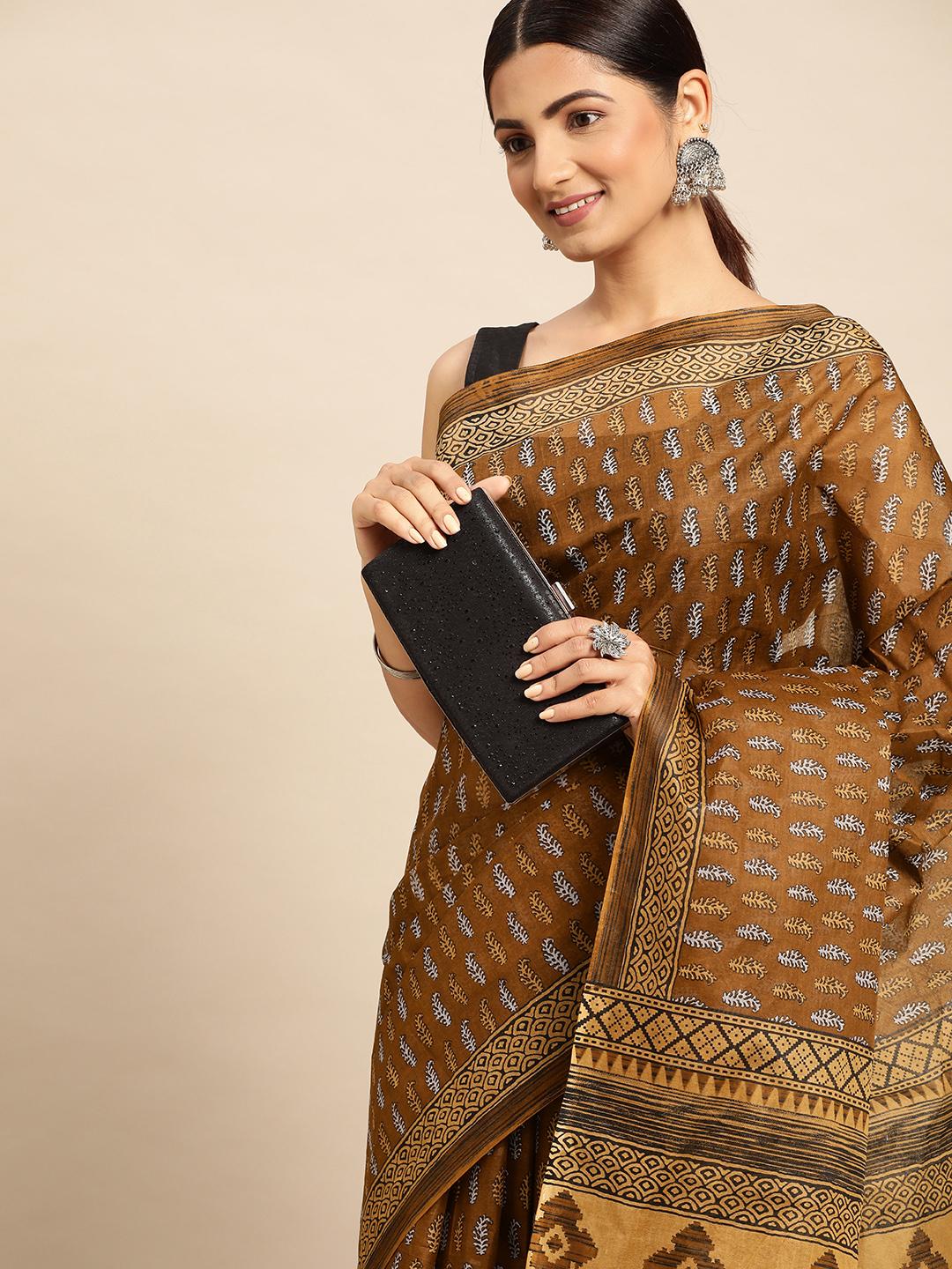 Buy SHANVIKA Ethnic Motifs Printed Pure Cotton Block Print Saree ...