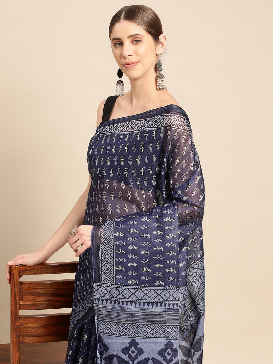 Buy SHANVIKA Ethnic Motifs Printed Pure Cotton Block Print Saree ...
