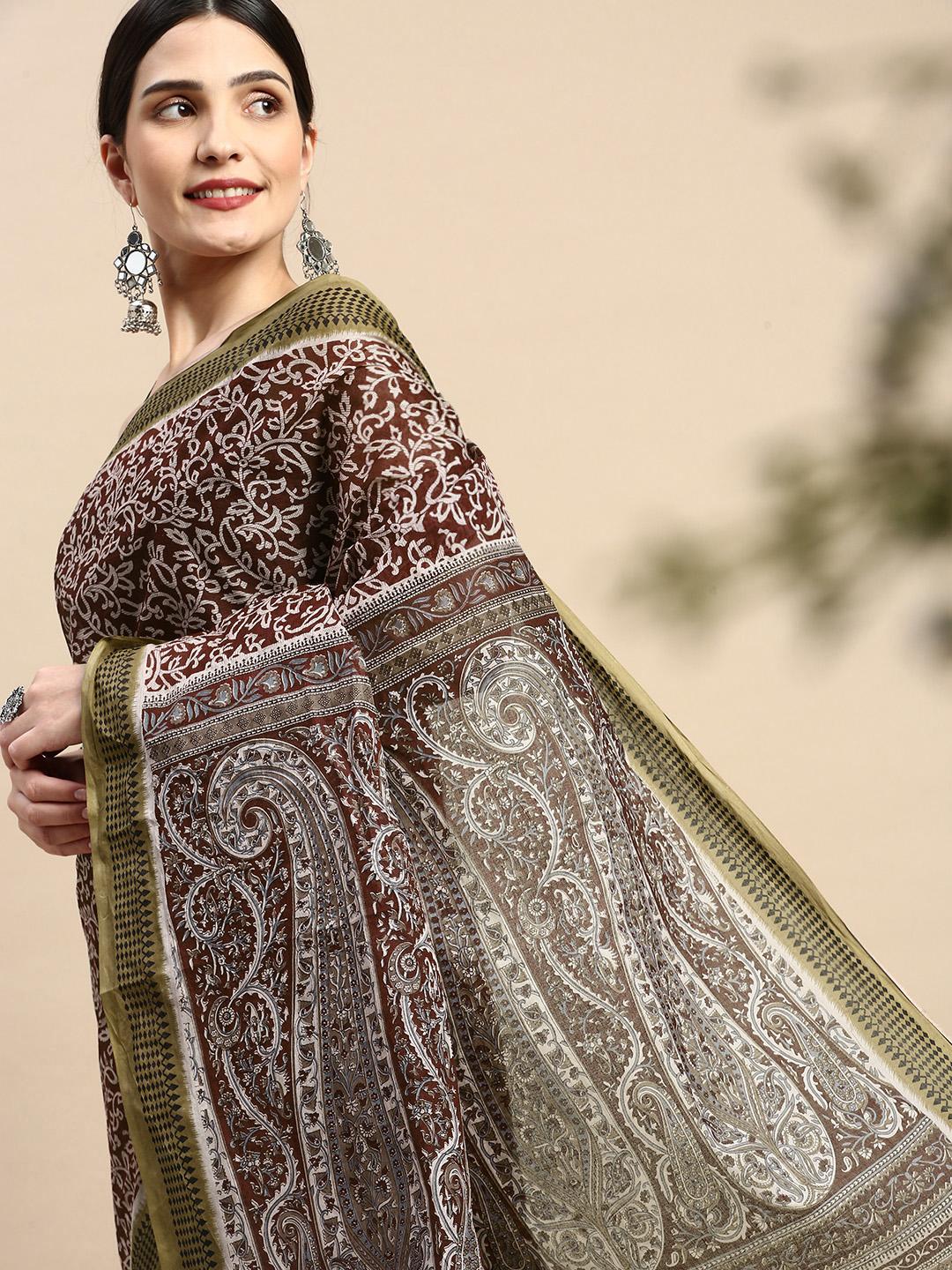 Buy SHANVIKA Ethnic Motifs Printed Pure Cotton Block Print Saree ...