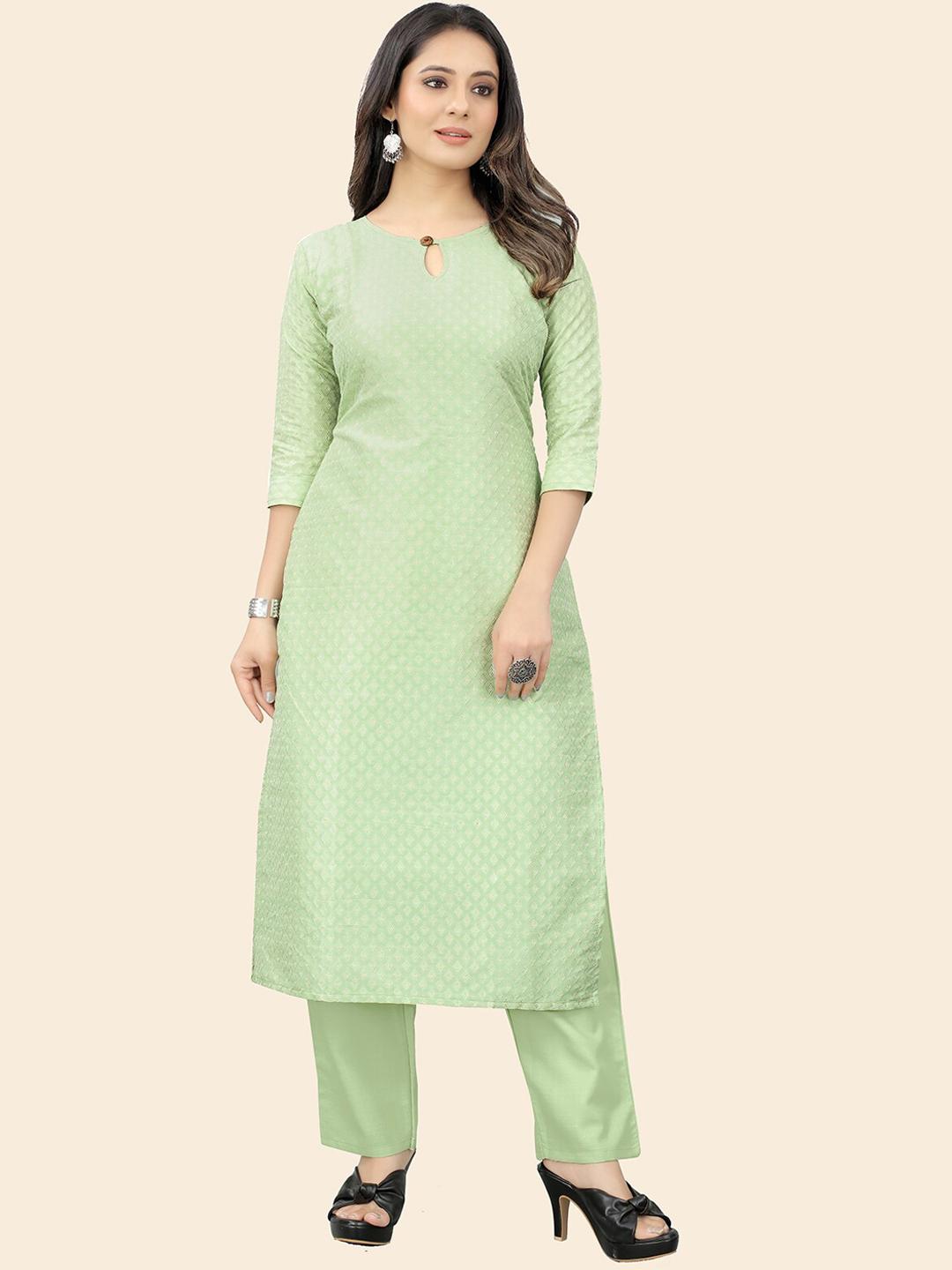 Buy KALINI Women Woven Design Keyhole Neck Kurta With Trousers - Kurta ...