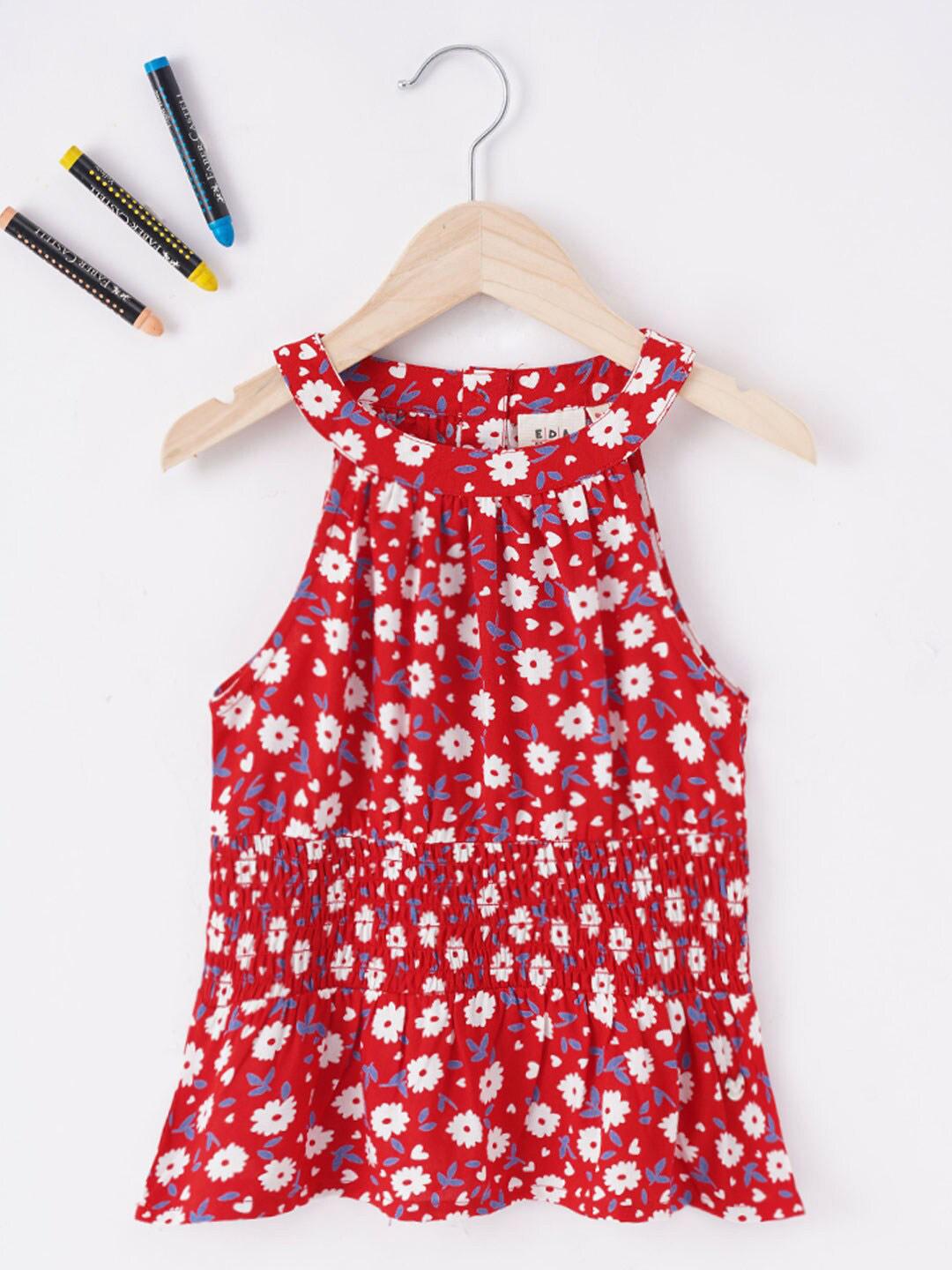 Buy Ed A Mamma Girls Floral Printed Smocked A Line Cotton Top - Tops ...