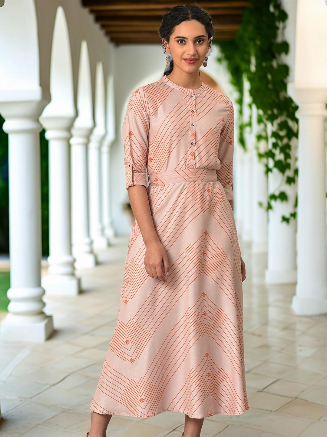 Buy W Pink Mandarin Collar Striped A Line Midi Fit And Flare Dress ...