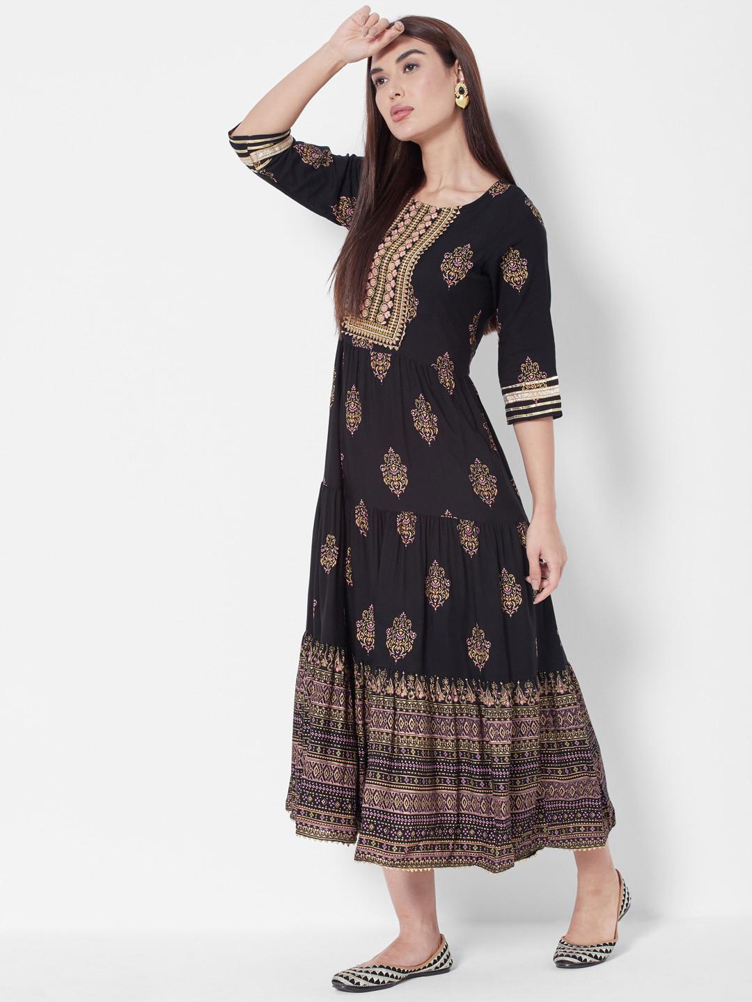 Buy Vedic Ethnic Motifs Printed Tiered A Line Ethnic Dress - Ethnic ...